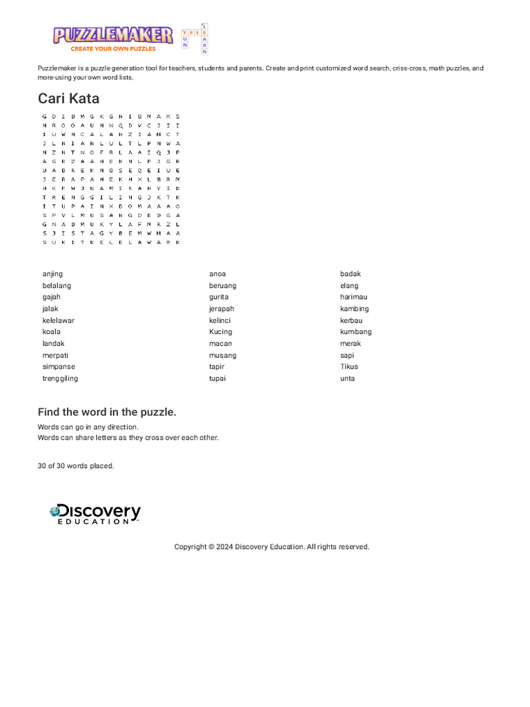 Word Search Puzzle - Discovery Education Puzzlemaker | PDF