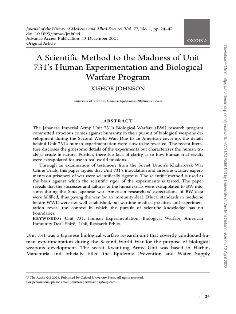 Johnson 2021 JHMAS Unit-731 Human-Experimentation | PDF