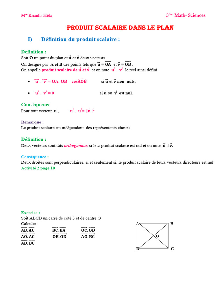 Cours Produit Scalaire 3 MATH ET 3 SCIENCES | PDF
