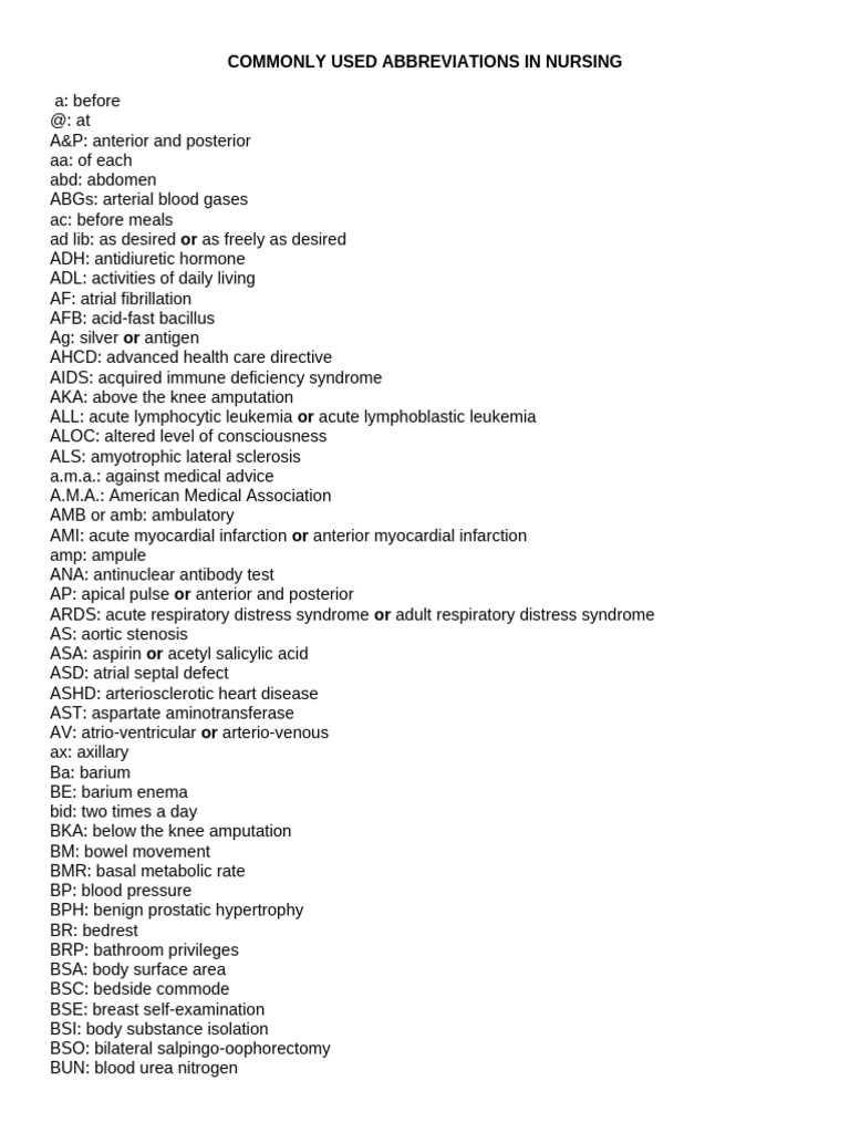 Commonly Used Abbreviations in Nursing | PDF | Heart | Science ...