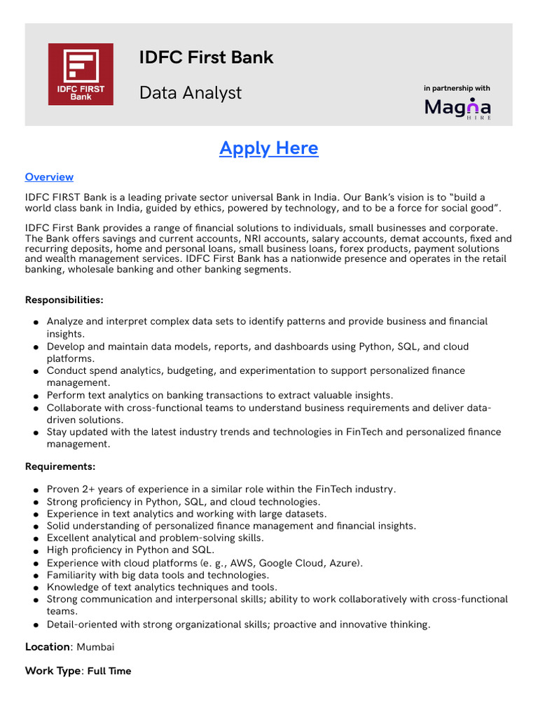 Data Analyst - IDFC in Partnership | PDF