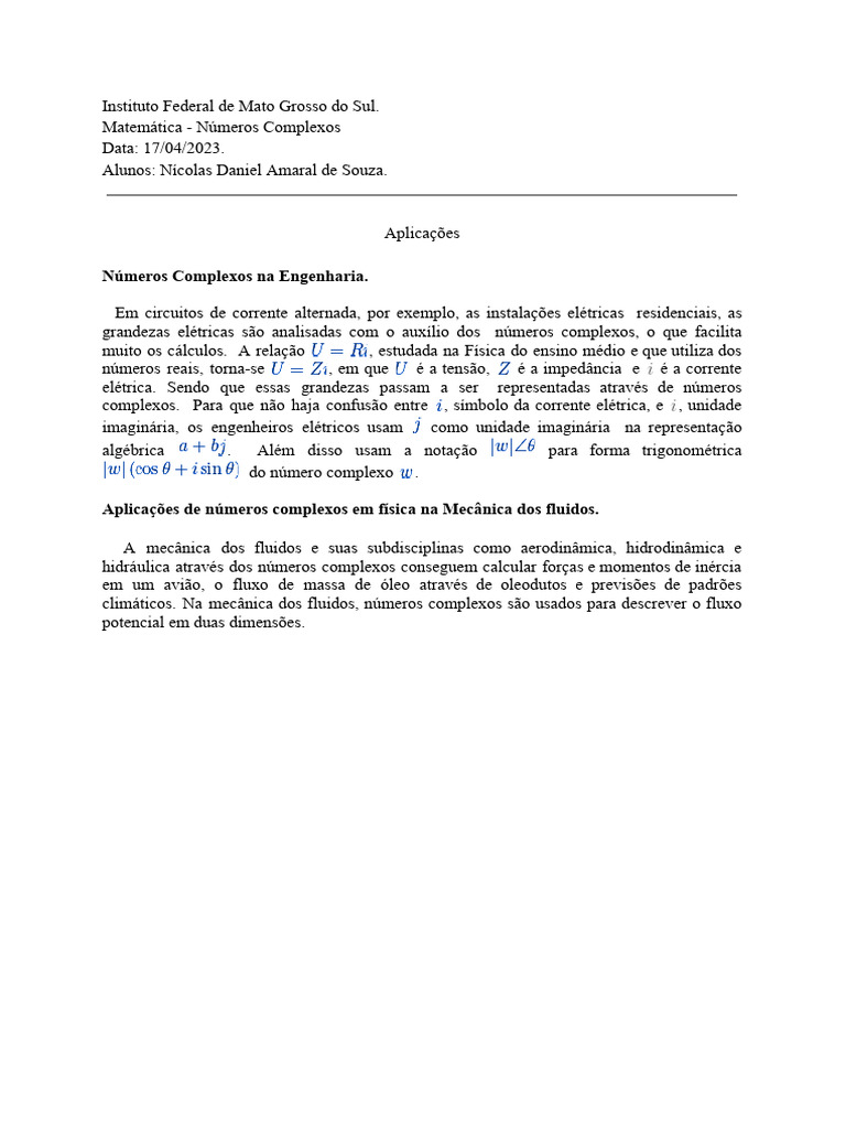 Relátorio de Números Complexos | PDF
