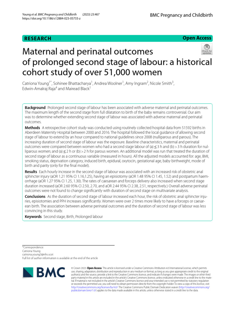 Maternal and Perinatal Outcomes of Prolonged Second Stage of Labour: A Historical Cohort Study ...