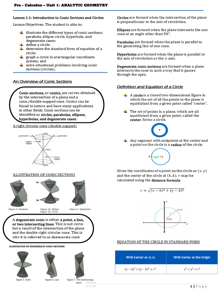 Pre - Calculus - Handouts - Lesson 1.1 - CIRCLES | PDF