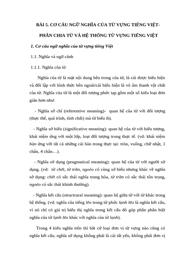 Bài 5- Cơ cấu nghĩa của từ vựng TV và phân chia từ- hệ thống từ vựng TV | PDF