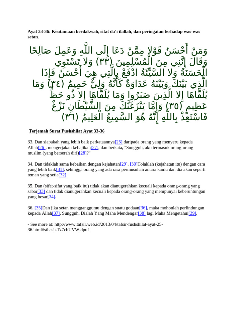 Ayat 33-36: Keutamaan Berdakwah, Sifat Da'i Ilallah, Dan Peringatan Terhadap Was-Was Setan | PDF