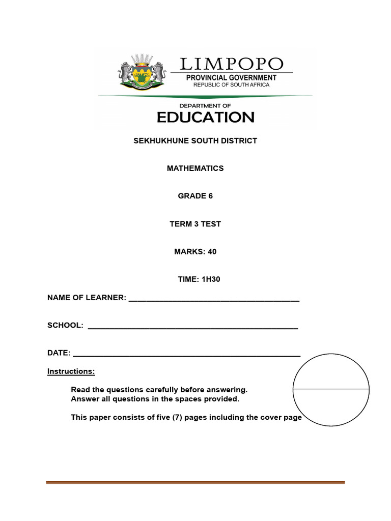 Grade 6 Maths Term 3 Test1 | PDF