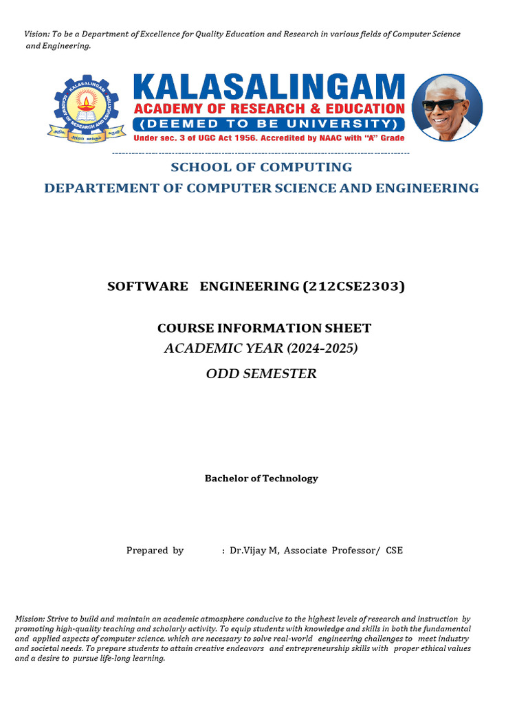 Course Plan - Software Engineering 2024-25 ODD SEM | PDF
