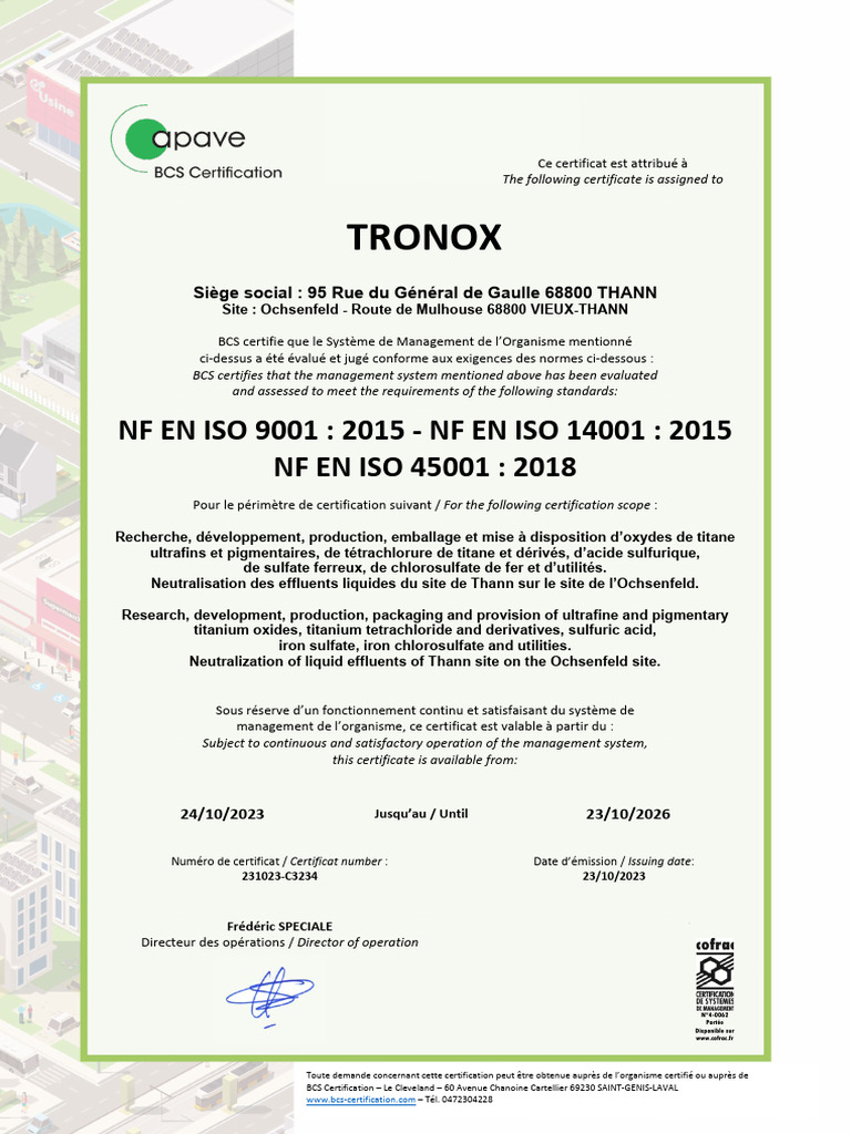 TRONOX-231023-C3234-ISO-9001-14001-V2015-ISO-45001-V2018-COFRAC | PDF