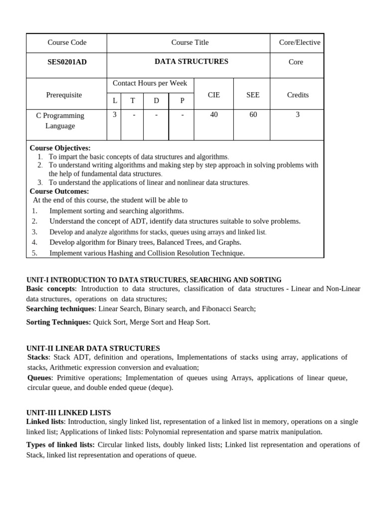 Data Structures Syllabus (2023-2024) | PDF