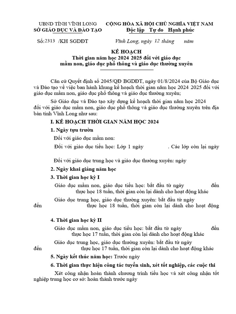 2313 - Ke Hoach Thoi Gian Nam Hoc 2024 2025 | PDF
