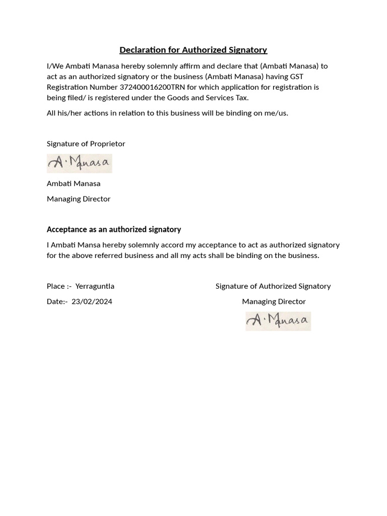 Declaration For Authorized Signatory | PDF