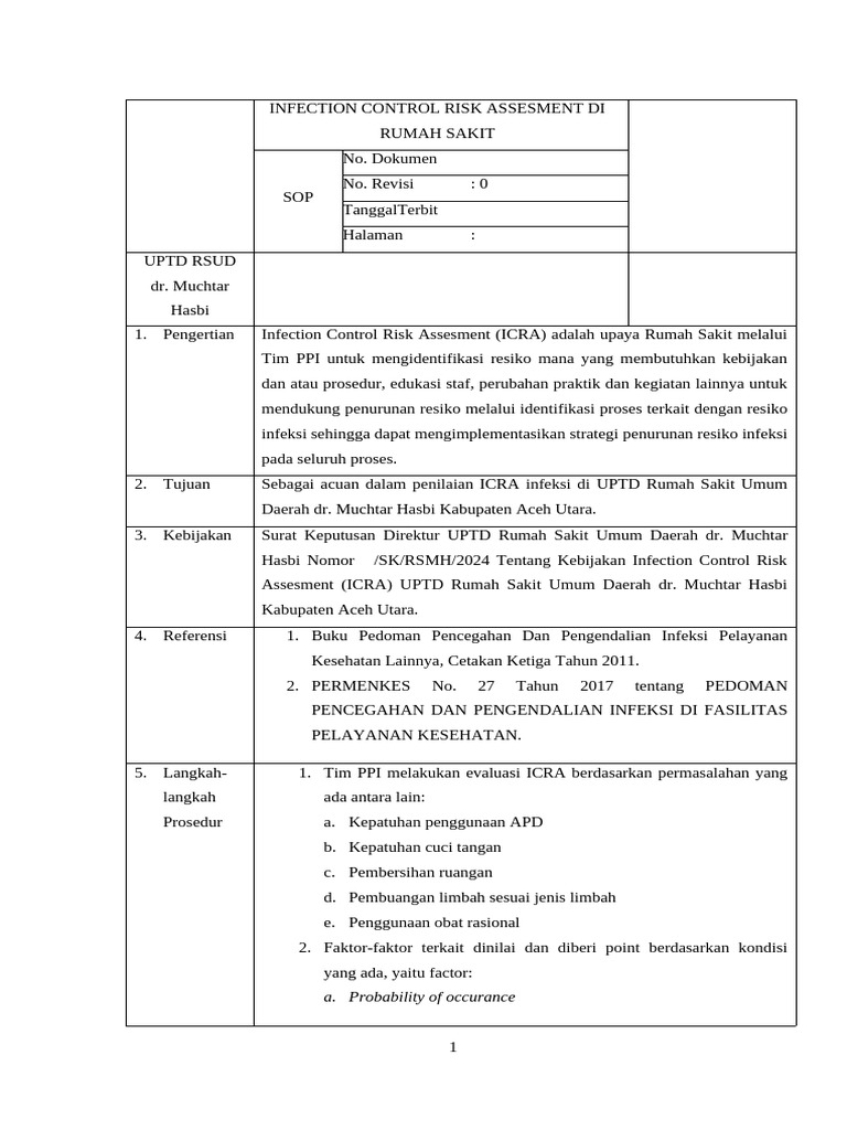 Sop Infection Control Risk Assesment (Icra) | PDF