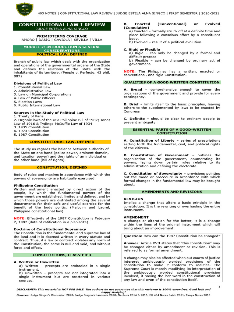 403 Consti1 Review Notes J5 Part 1 | PDF