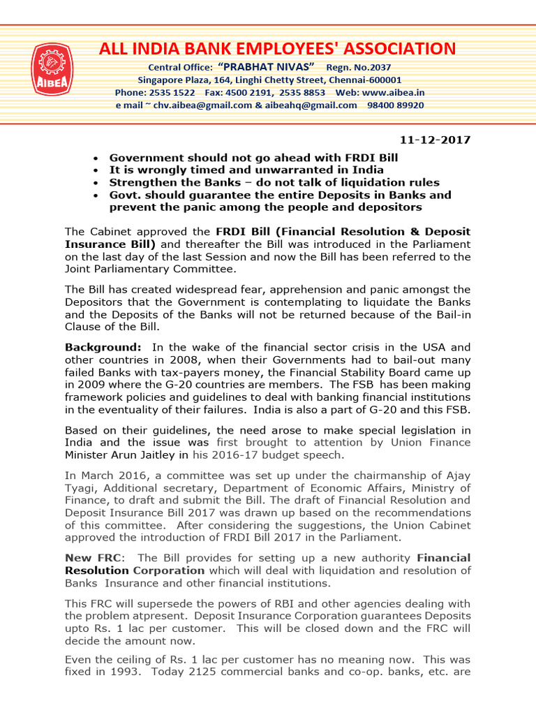 Aibea On Frdi Bill | PDF | Banks | Deposit Insurance