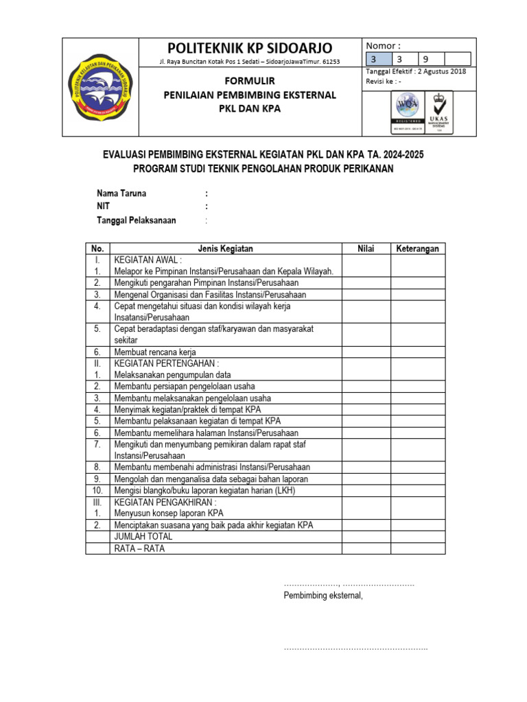 Form Penilaian Pembimbing Eksternal Kpa 2024 | PDF