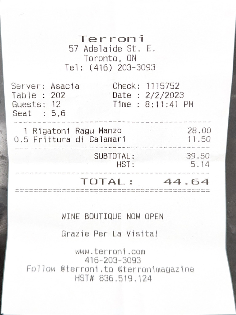 Terroni Receipt | PDF