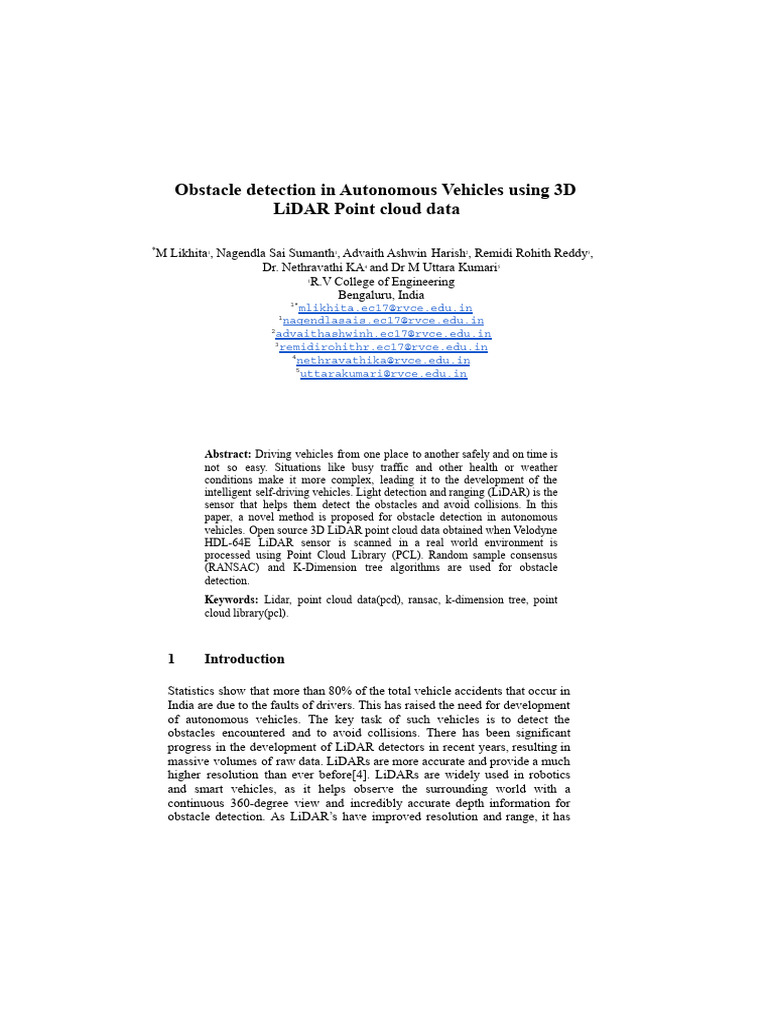 Obstacle Detection For Autonomus Vehicles Using 3d Lidar Point Cloud Data Pdf Lidar