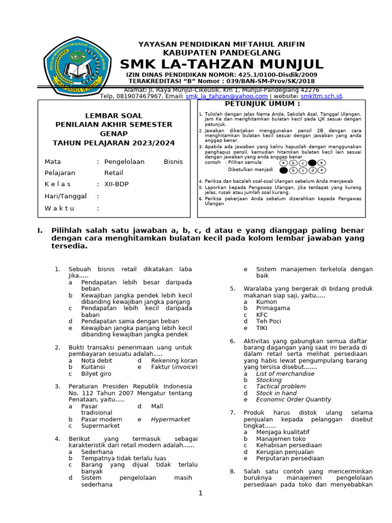 Soal PAS Ganjil PBR XII BDP 2023-2024 | PDF