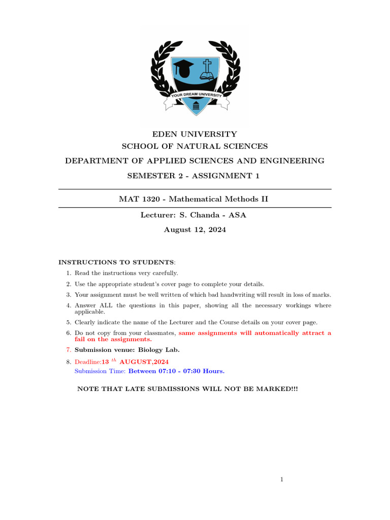 Mat 1320 Assignment 1 NS 1 2 | PDF