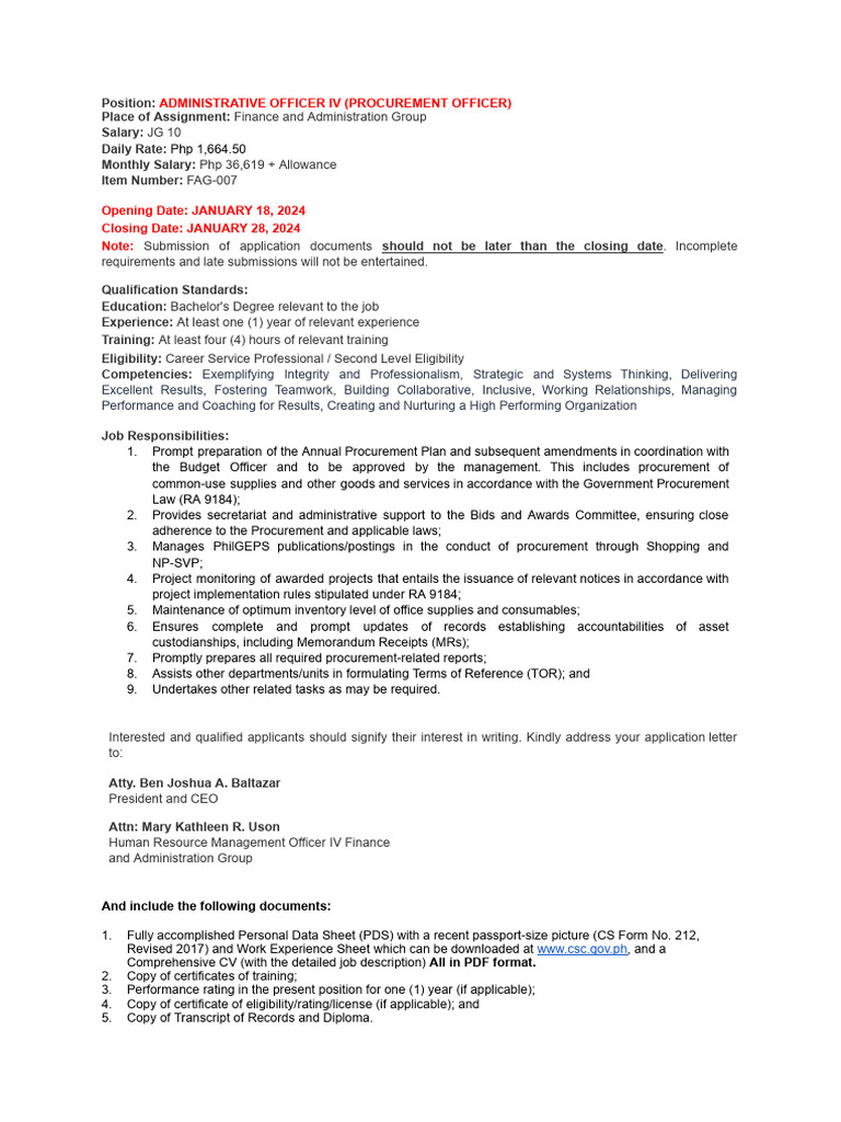 Administrative Officer IV (Procurement Officer) Job Description (1) | PDF