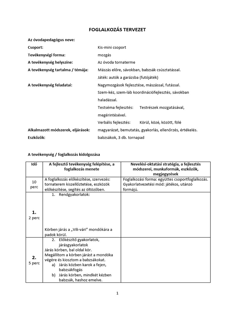 Foglalkozás Tervezet | PDF