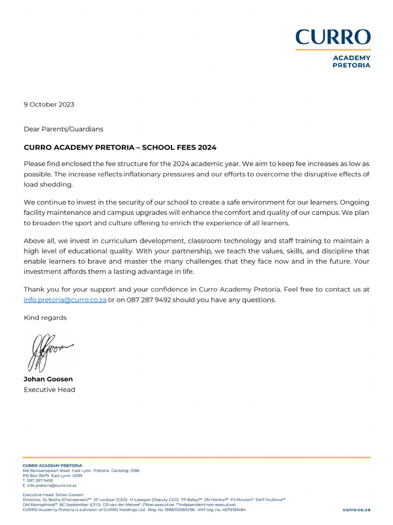 Curro Academy Pretoria - 2024 School Fees - FINAL | PDF