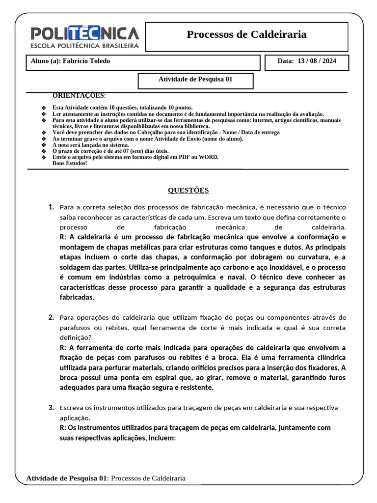 Atividade de Pesquisa 01 - Processos de Caldeiraria | PDF