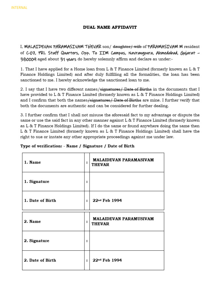 Dual Name Affidavit for Loan | PDF | Affidavit | Politics
