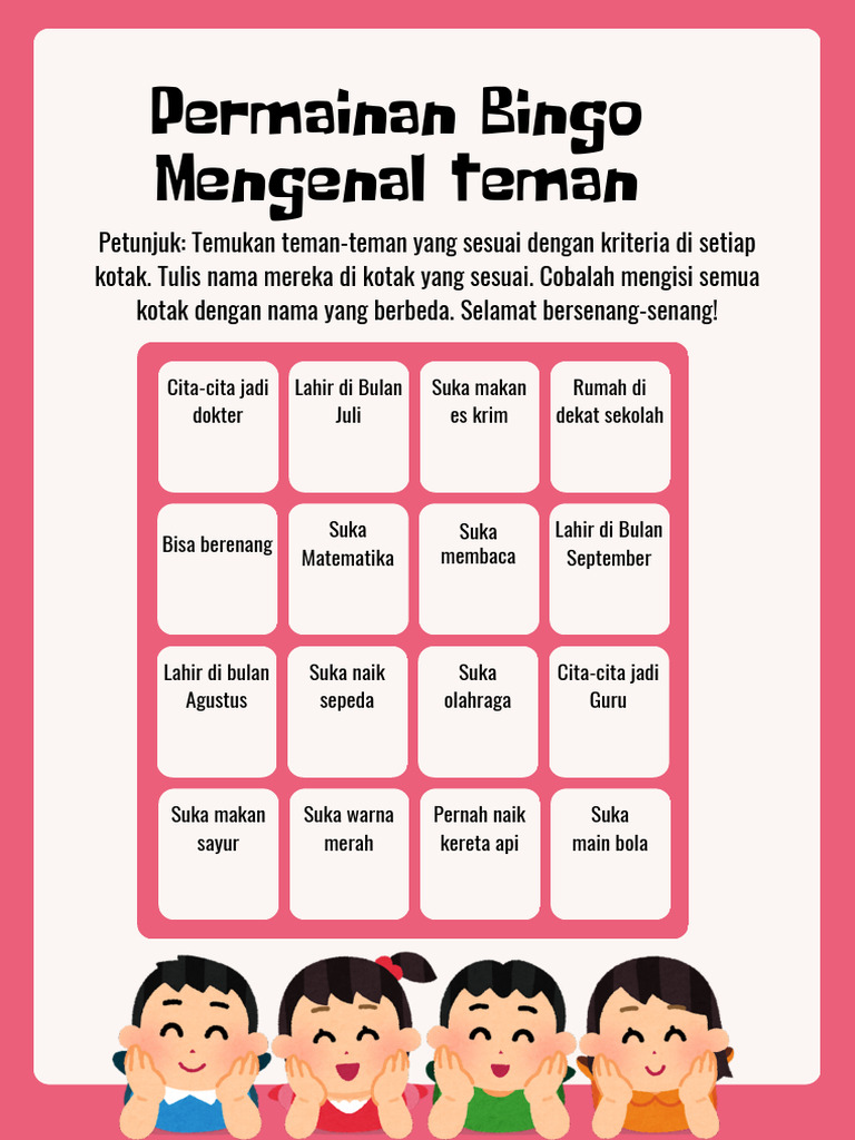 Lembar Kerja Permainan Teman Bingo Merah Dan Krem Ilustrasi Sederhana | PDF