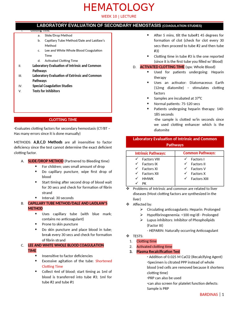 Week 10 - Laboratory Evaluation of Secondary Hemostasis (Coagulation ...