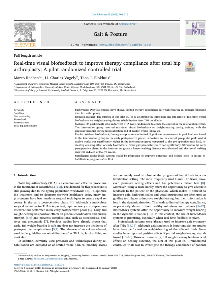 Real-Time Visual Biofeedback To Improve Therapy Compliance After Total ...