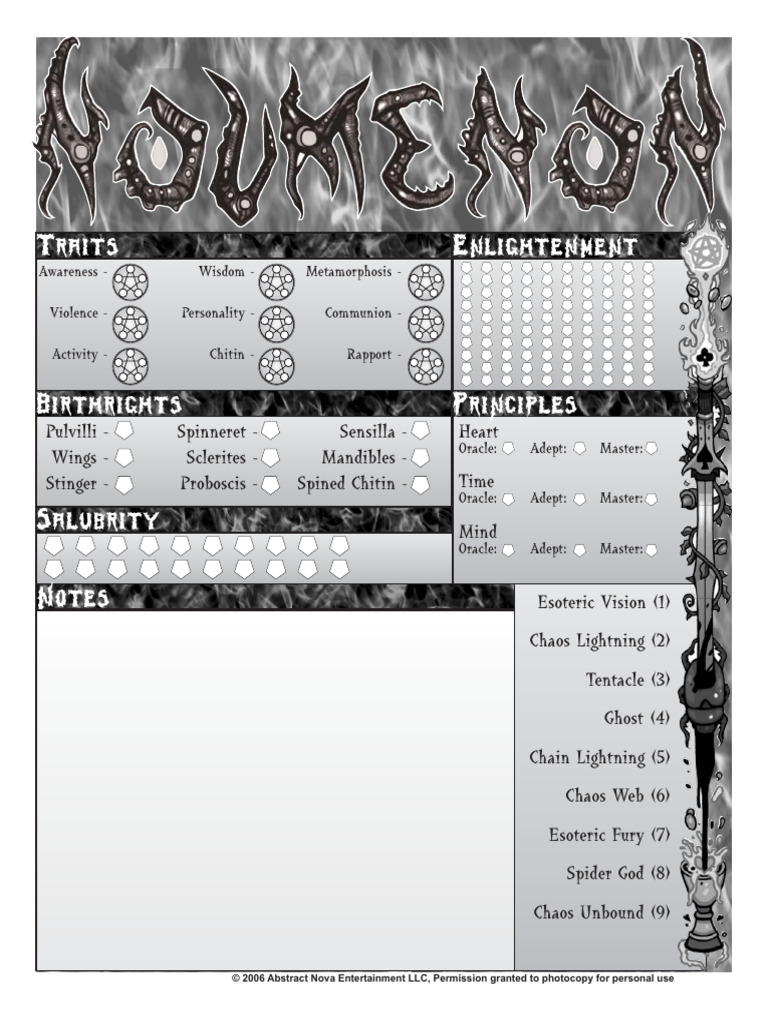 Noumenon Character Sheet | PDF