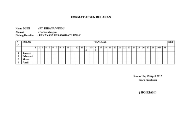 Format Absen Bulanan | PDF