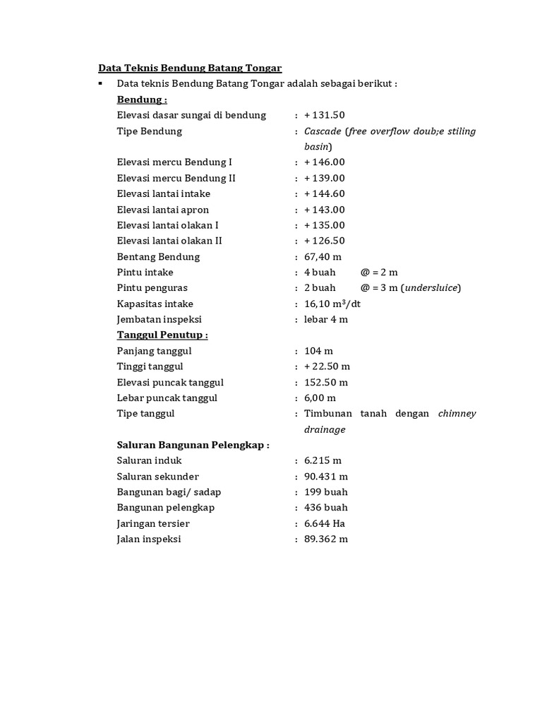 Data Teknis Bendung Batang Tongar | PDF