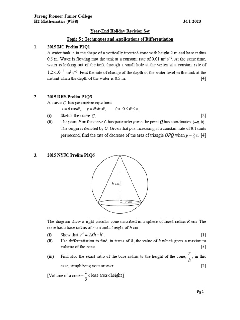 2023 Year End Holiday Revision Set Topic 5 Differentiation Questions | PDF