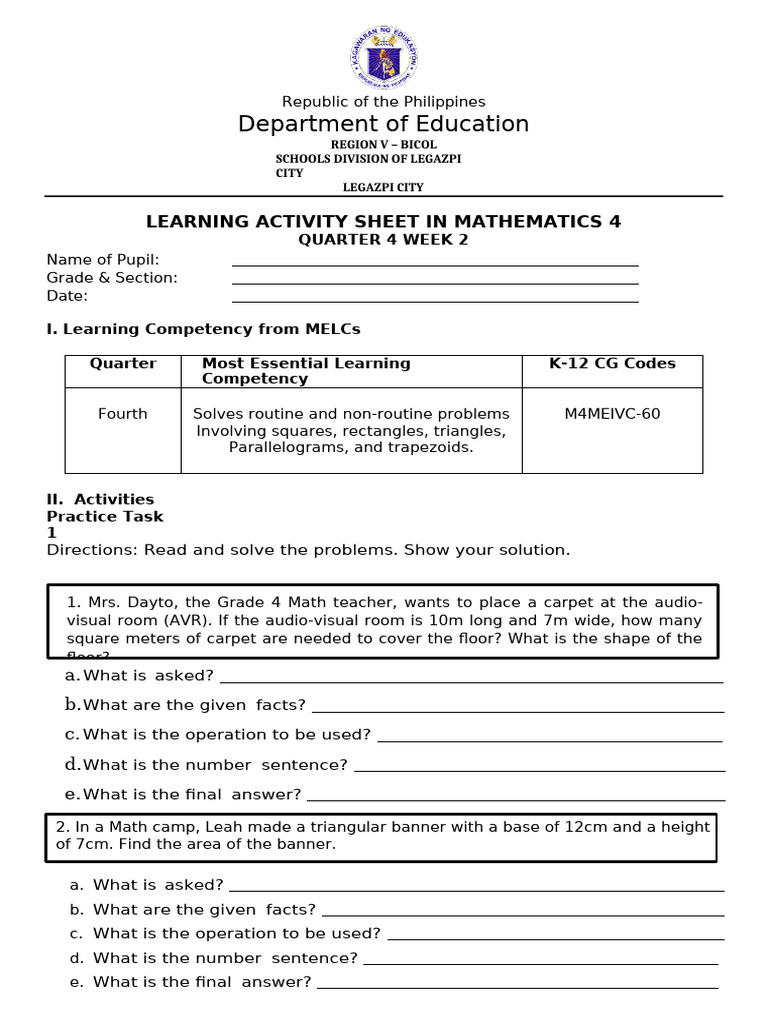 ACTIVITY 1 - SSES 4 - Solves Routine and Non-Routine Problems Involving ...