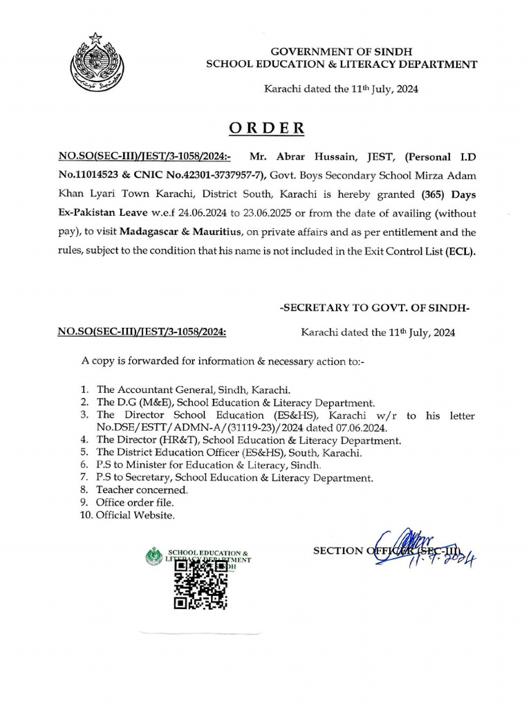 Order For Grant of (365-Days) Ex-Pak Leave (Without Pay) in Respect of ...