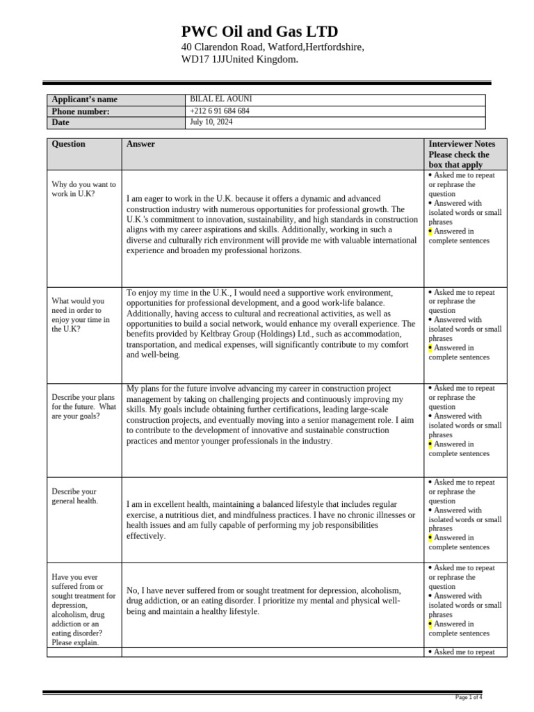 Job Interview Questionnaire | PDF