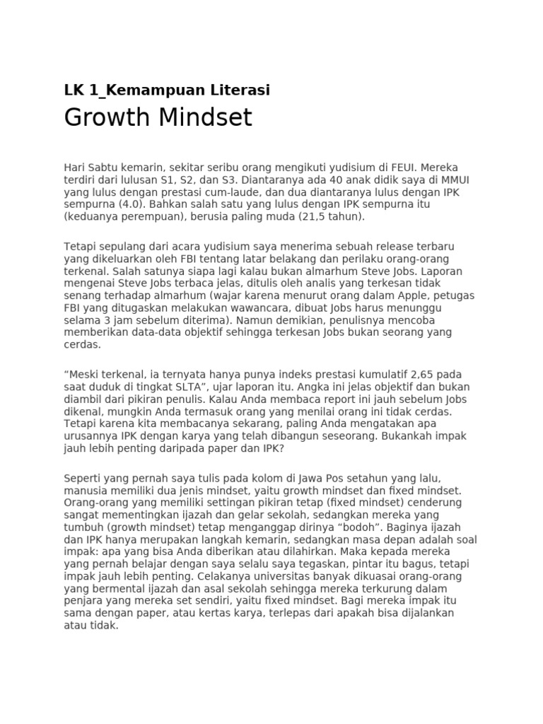 LK 1_ Kemapuan Literasi_Growth Mindset | PDF