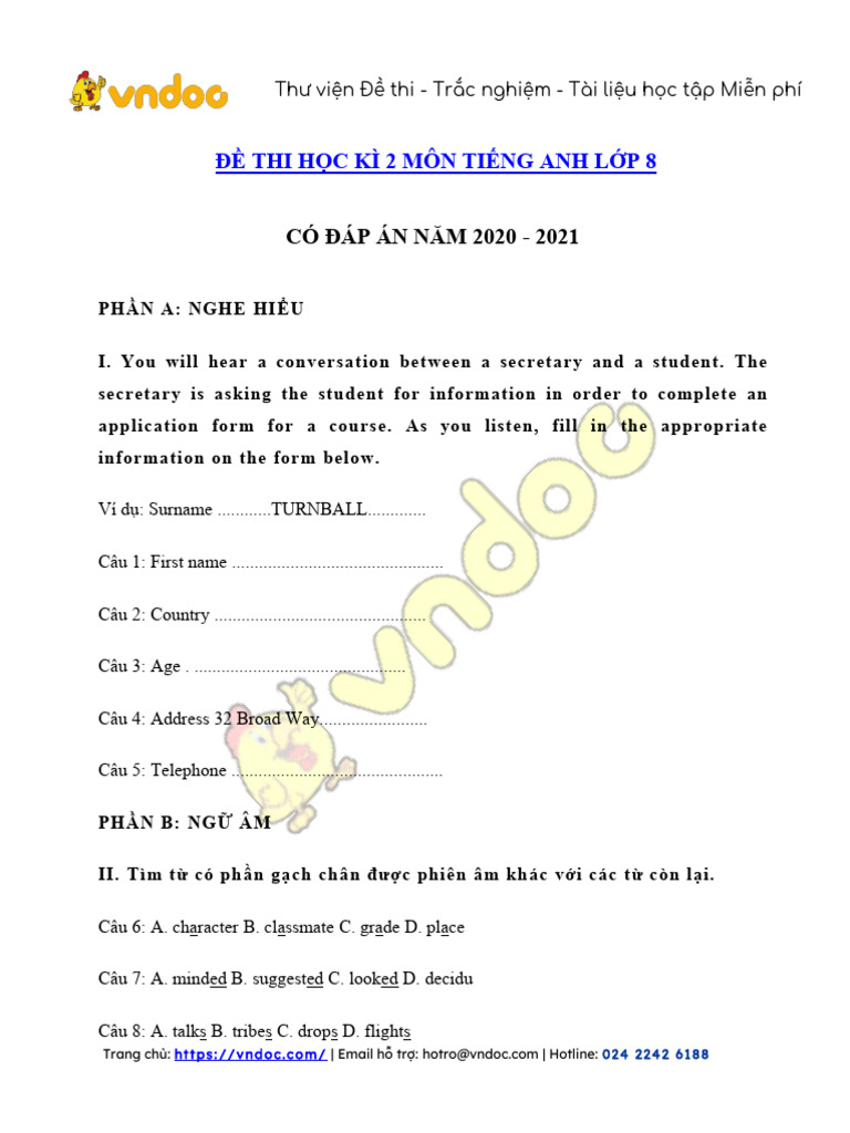 De Thi Hoc Ky 2 Mon Tieng Anh Lop 8 Huyen Yen Lac Vinh Phuc | PDF