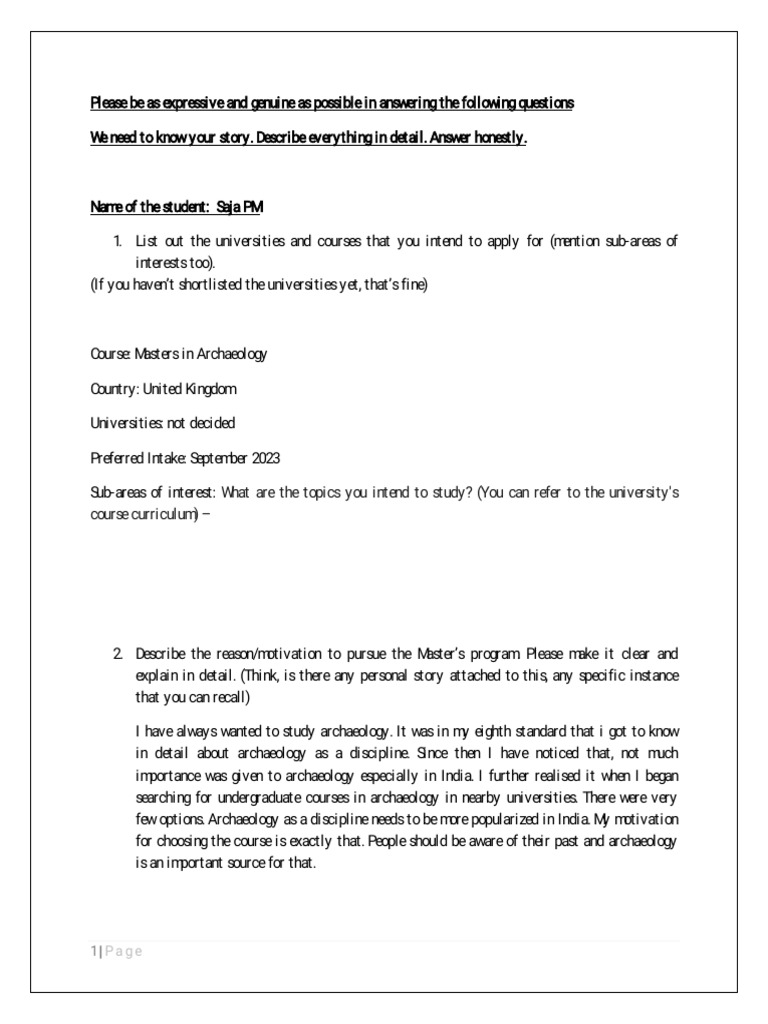 SoP Questionnaire Sample | PDF