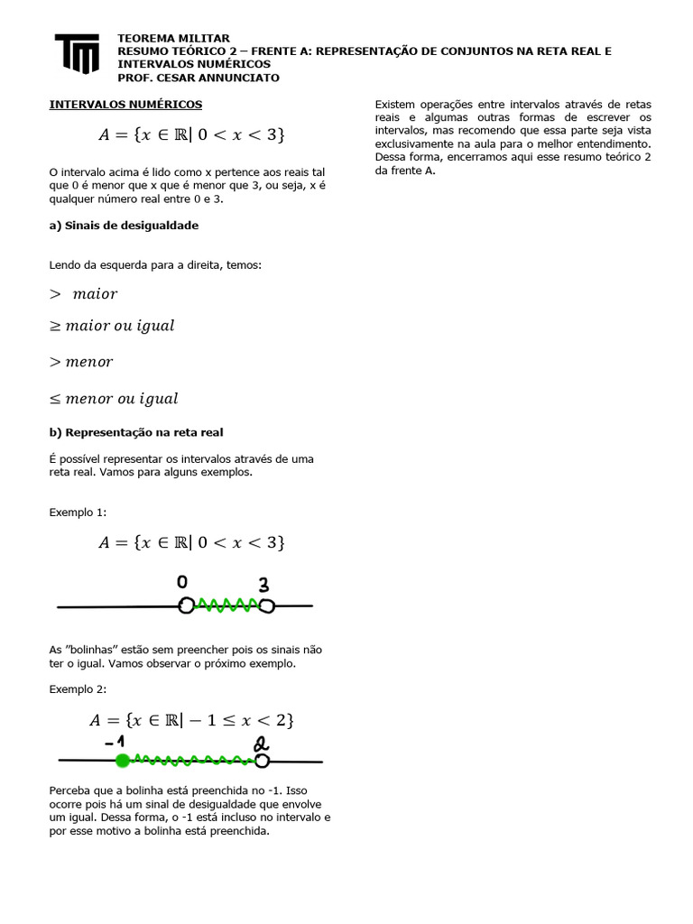 Resumo Teórico 2 - Frente A - Representação de Conjuntos Na Reta Real e ...
