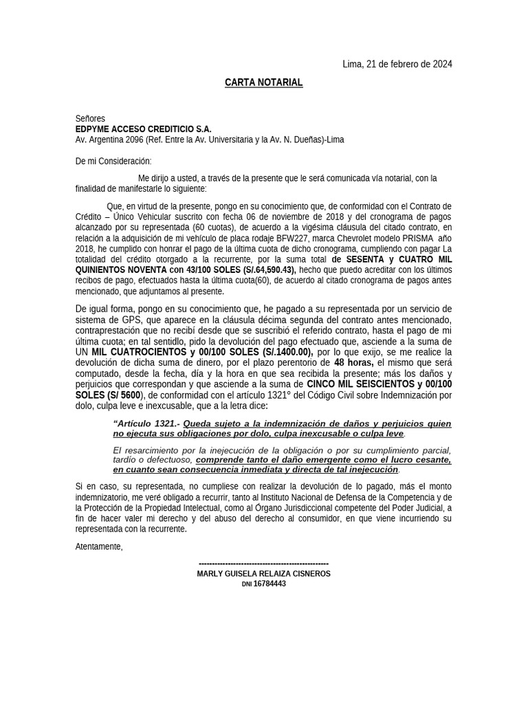 CARTA NOTARIAL- CULMINACION DE PAGO TOTAL CREDITO VEHICULAR Y DEVOLUCION DE DINERO POR SERVICIO ...