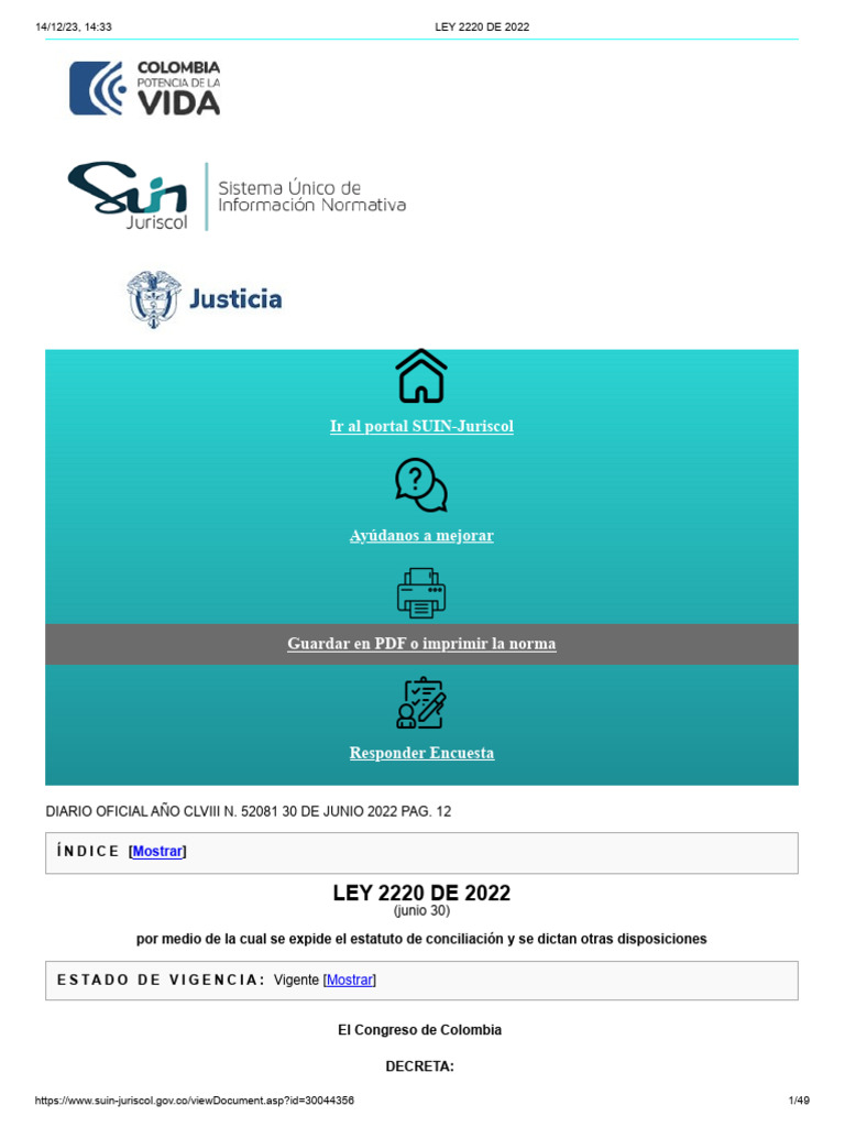 LEY 2220 DE 2022 - Nuevo Estatuto de Conciliación | PDF