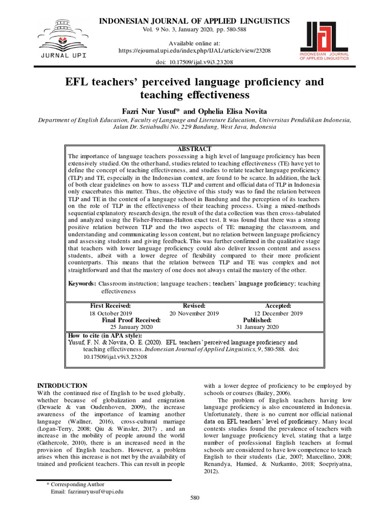 EFL Teachers Perceived Language Proficiency | PDF