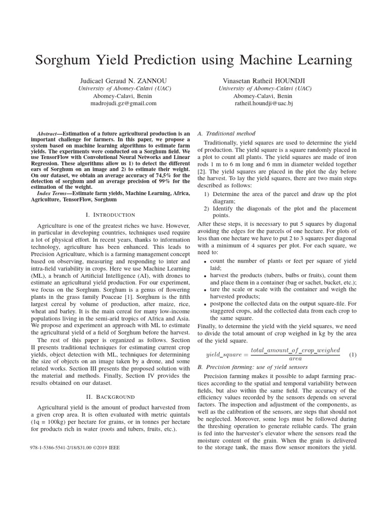 Sorghum Yield Prediction Using Machine Learning | PDF
