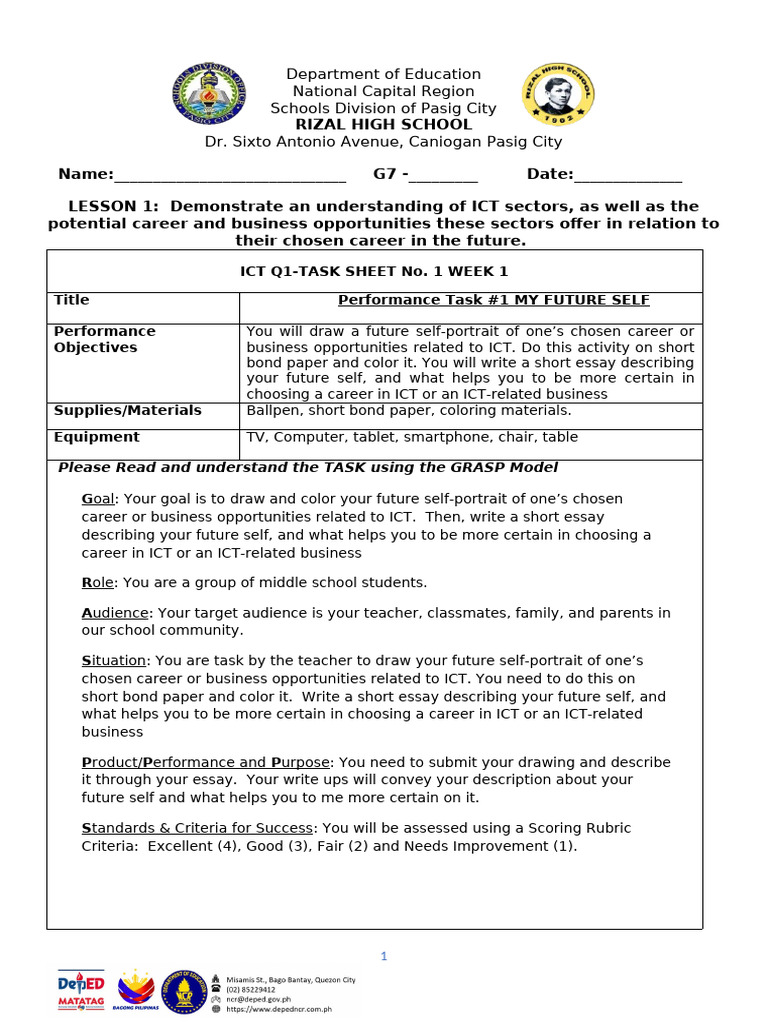 Department of Education National Capital Region Schools Division of Pasig City Dr. Sixto Antonio ...