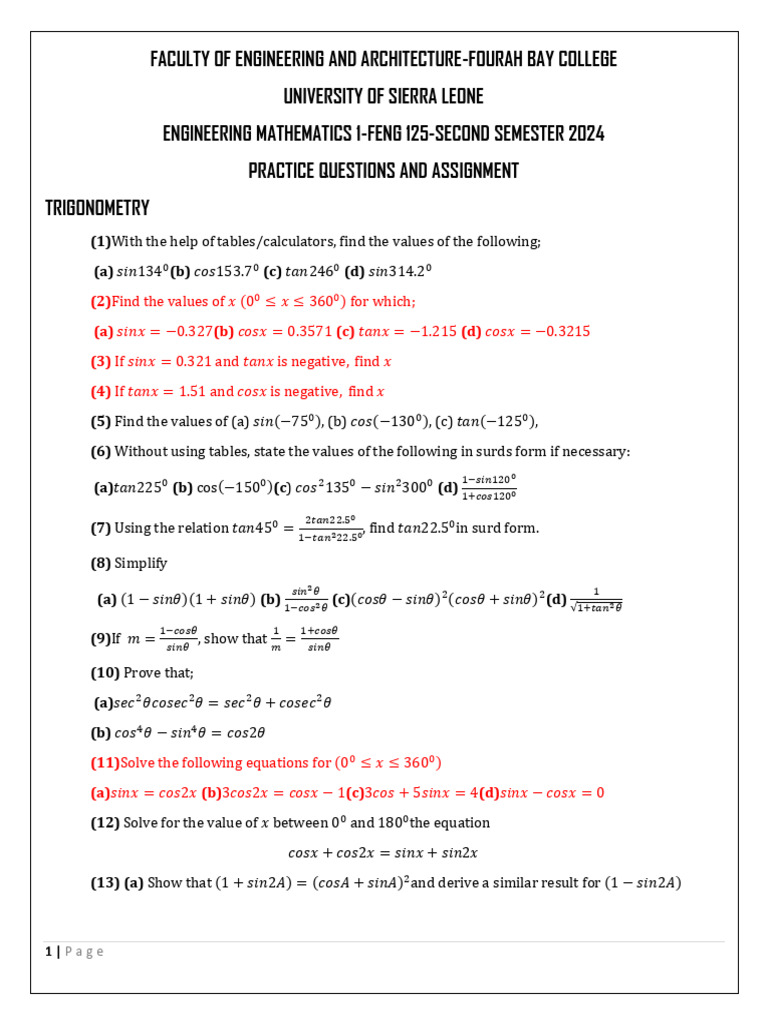 Engineering Mathematics 1-Practice and Assignment Questions | PDF