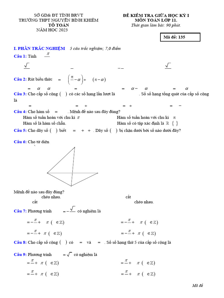 De Giua Hoc Ky 1 Toan 11 Nam 2023 2024 Truong THPT Nguyen Binh Khiem BR VT de | PDF